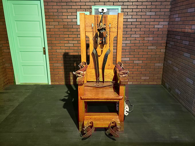 "Old Sparky" sits ominously against green-tiled walls, a stark reminder of capital punishment's reality in Texas from 1924 to 1964.