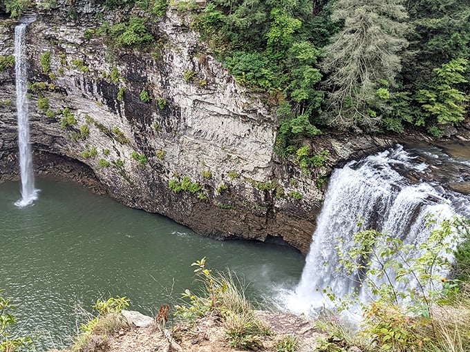 Mother Nature's two-for-one special: twin waterfalls carving through ancient limestone, performing a geological symphony that's been millions of years in the making.