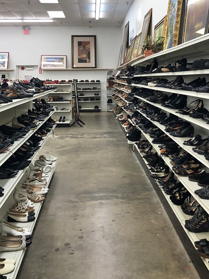 Shoe heaven or footwear purgatory? Either way, these shelves hold more potential second chances than a retirement community singles night.