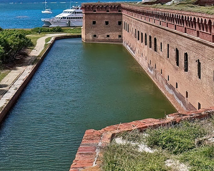 The parade ground inside Fort Jefferson offers a surprising oasis of green amid the brick fortress—nature's subtle reminder that it always reclaims what humans build.