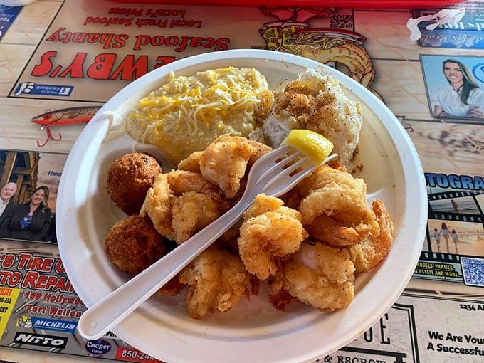 Golden-fried popcorn shrimp that pop with flavor alongside creamy cheese grits – a plate that whispers "you're definitely in the South now."