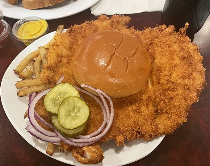 Behold the legendary tenderloin—a golden-fried masterpiece that makes the bun look like it's wearing a meat hula skirt.
