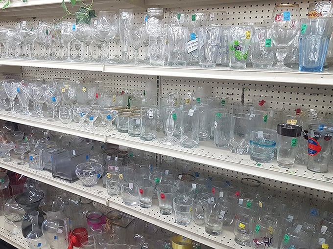 Crystal kingdom! Stemware that once toasted special occasions now waits patiently for new celebrations—each glass with stories etched in its sparkle.