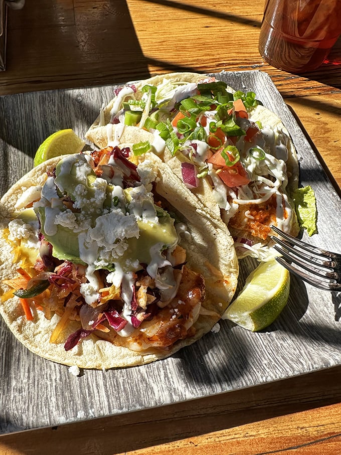 These aren't just fish tacos—they're edible postcards from seafood heaven. Fresh cabbage crunch, creamy sauce, and fish so tender it practically swam onto your plate.