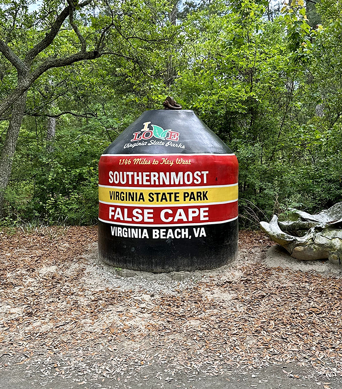 "1,146 miles to Key West" declares this colorful marker. The southernmost point in Virginia feels like the beginning of an adventure, not the end.