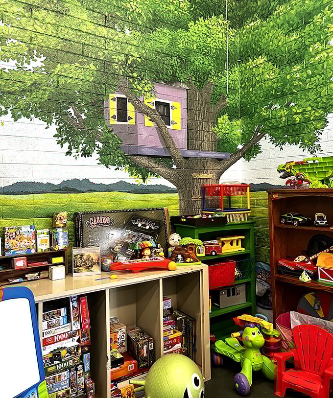 Not just a kids' section—a magical woodland playground where toys await their next adventure. Tree included, no extra charge.