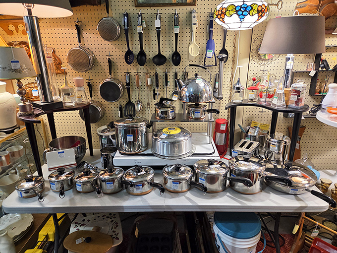 Gleaming stainless steel cookware awaits new kitchens, ready to transform Sunday dinners into the kind grandma used to make.