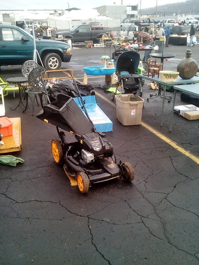 The lawn equipment graveyard – where yesterday's Poulan might become tomorrow's weekend warrior. That mower's seen some serious grass action.