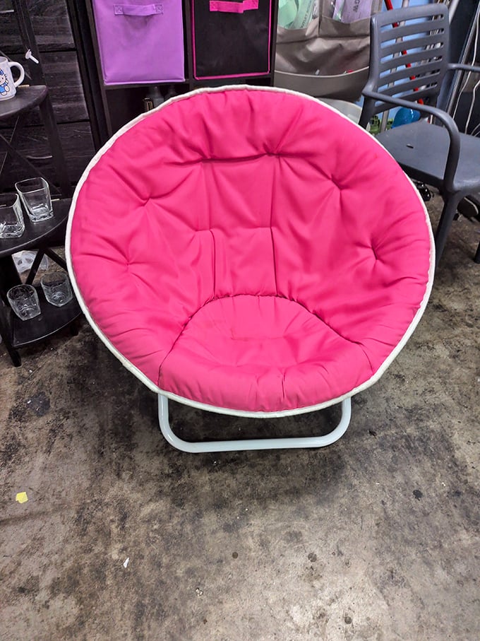 The papasan chair—1990s dorm room essential turned modern statement piece. For $25, this pink throne could transform your reading nook.