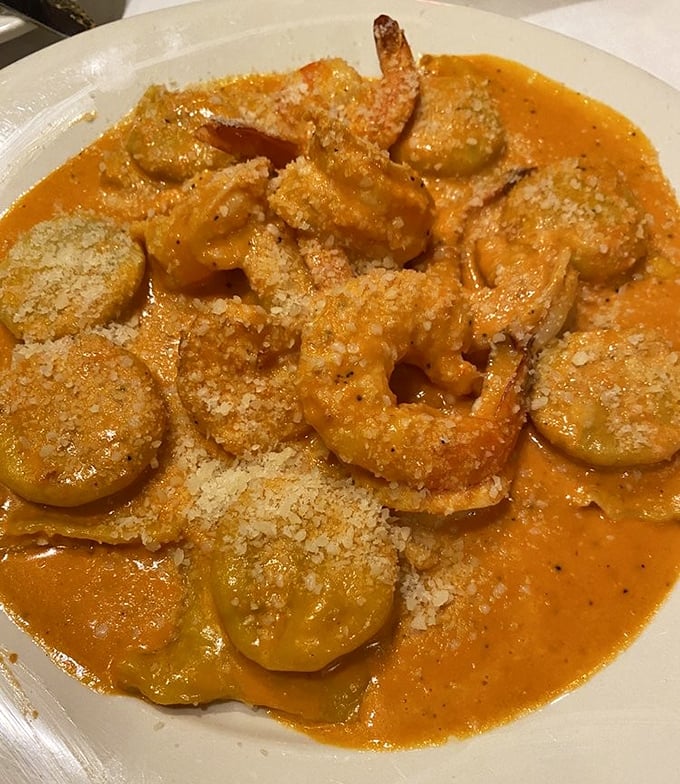 Golden perfection swimming in tomato cream sauce – this lobster ravioli could make nonnas weep with joy.