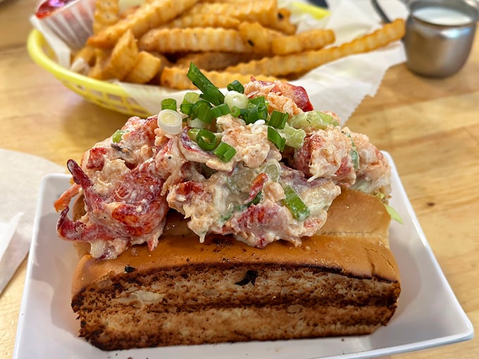 The legendary lobster roll in all its glory—chunks of sweet meat cradled in buttery brioche, making landlocked Ohio feel positively coastal.