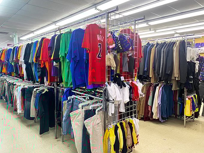 The clothing section resembles a rainbow of possibilities—that vintage Wizards jersey might just be your next lucky game day charm.