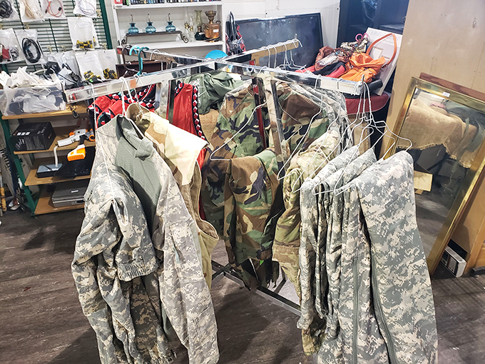 Military surplus that survived basic training now awaits civilian duty. These battle-tested garments carry history in every fiber.