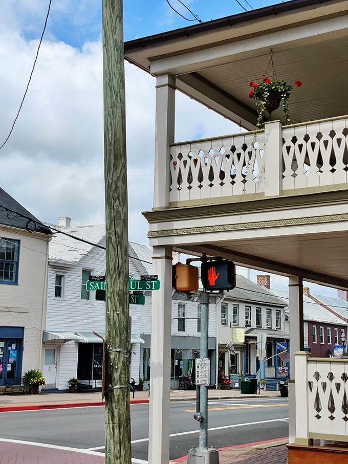 Ornate porch railings and hanging flower baskets—Boonsboro's version of a welcome mat extends right to the sidewalk.