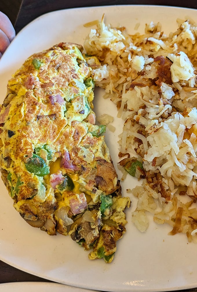 This isn't just an omelet—it's a masterclass in egg architecture. Perfectly folded around fresh vegetables with hash browns that achieved the crispy-fluffy golden ratio.