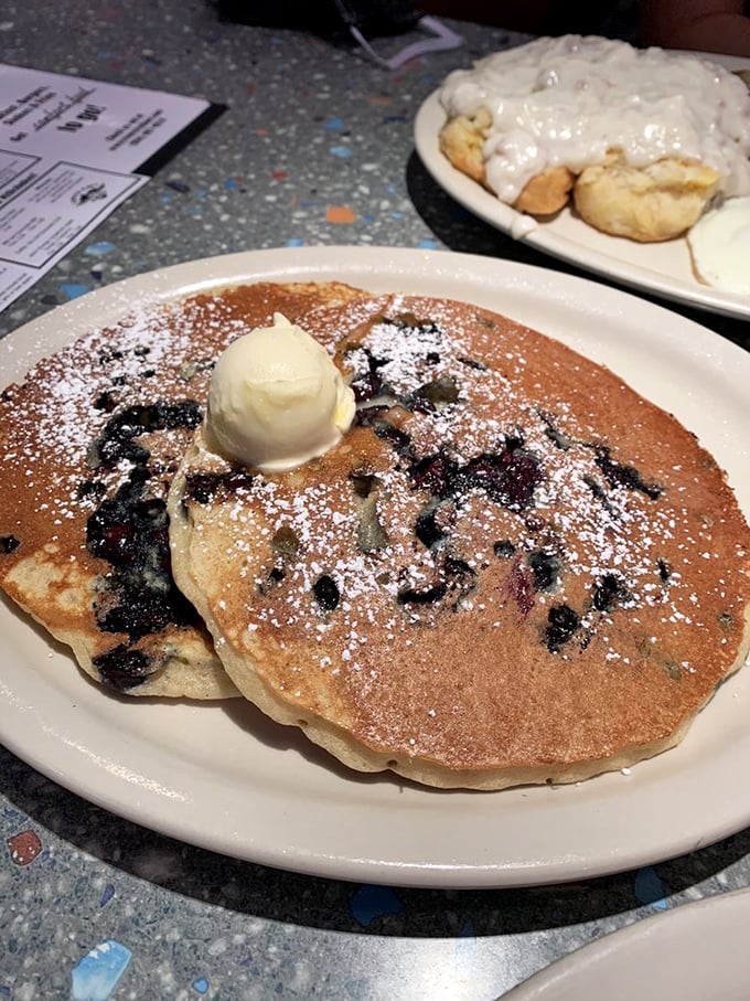 These blueberry pancakes aren't just breakfast—they're edible nostalgia, complete with melting butter and a dusting of powdered sugar that screams "weekend morning."