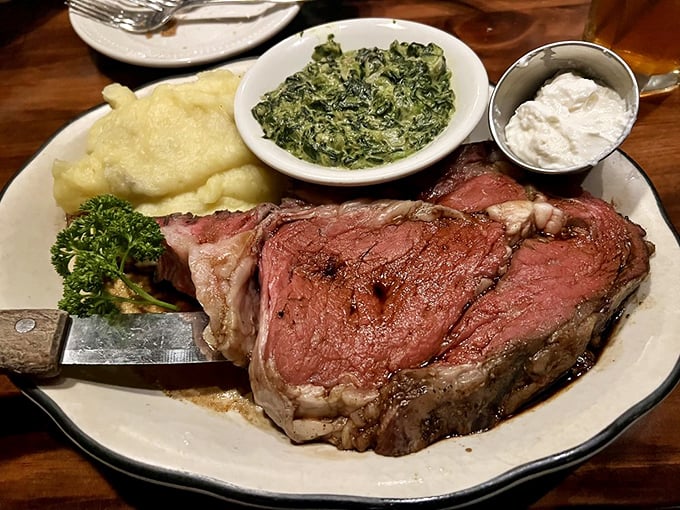 This isn't just prime rib—it's a masterclass in meat, accompanied by creamed spinach that could convert any vegetable skeptic.