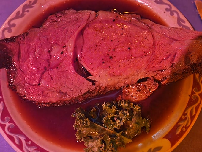 Behold the star of the show – prime rib so perfectly pink it should have its own Instagram account and fan club.