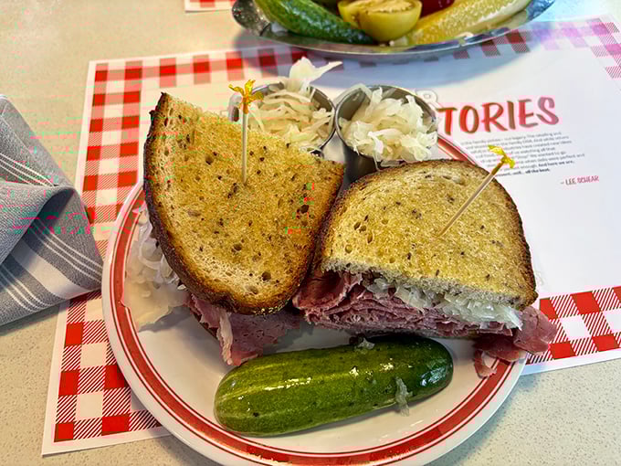 That reuben sandwich arrives looking like it means business – thick-cut corned beef piled high between perfectly grilled rye.