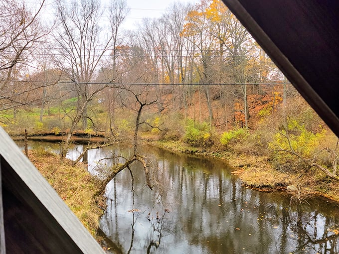 Peering through the bridge's wooden frame reveals a tranquil creek below, where time seems to flow as gently as the water.