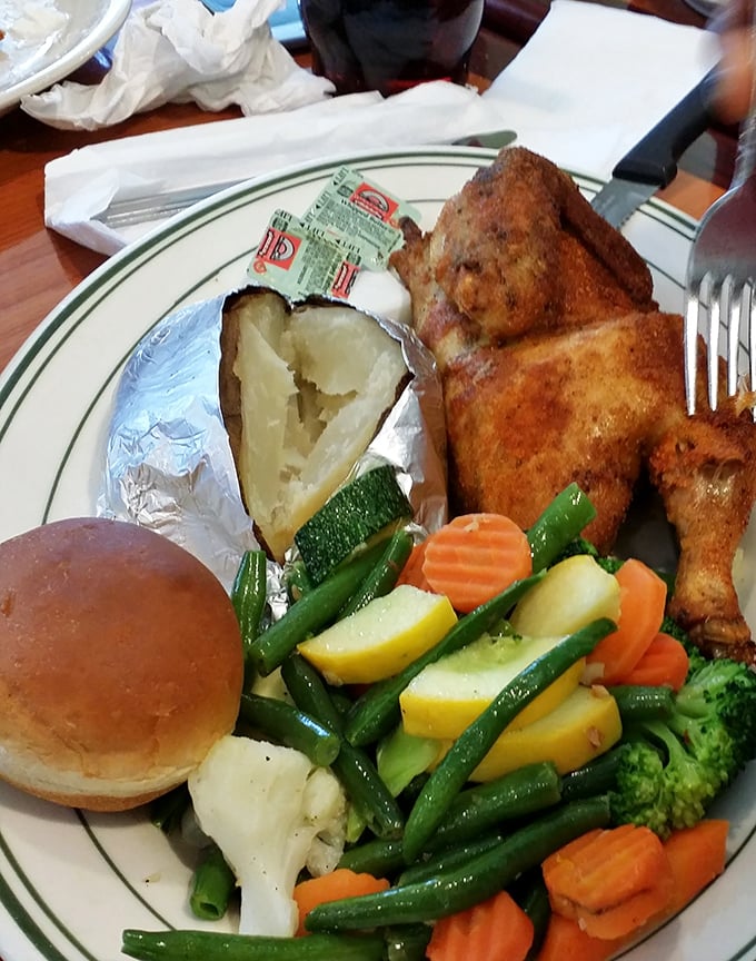 This isn't just chicken—it's poultry perfection. Golden-brown, herb-crusted, and served with vegetables that actually taste like vegetables should.