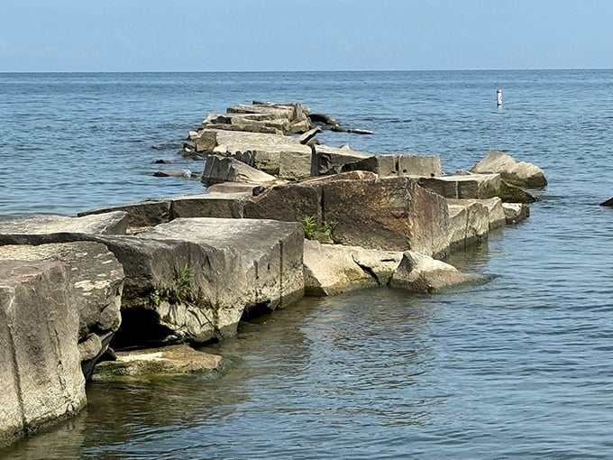Massive stone blocks form a path into the lake, like a giant's game of hopscotch. Just remember what the sign says—admire, don't climb!