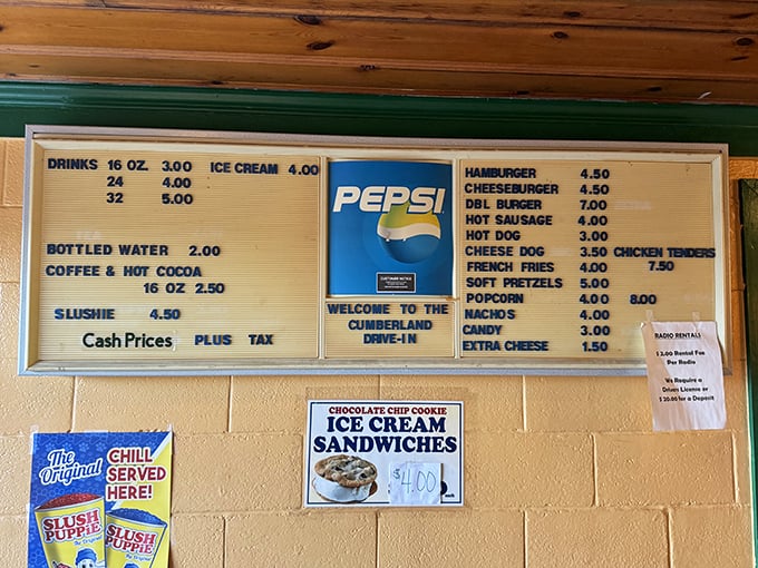 Menu board nostalgia! Where else can you still get a proper movie feast without needing a small loan? Cash only—just like the good old days.