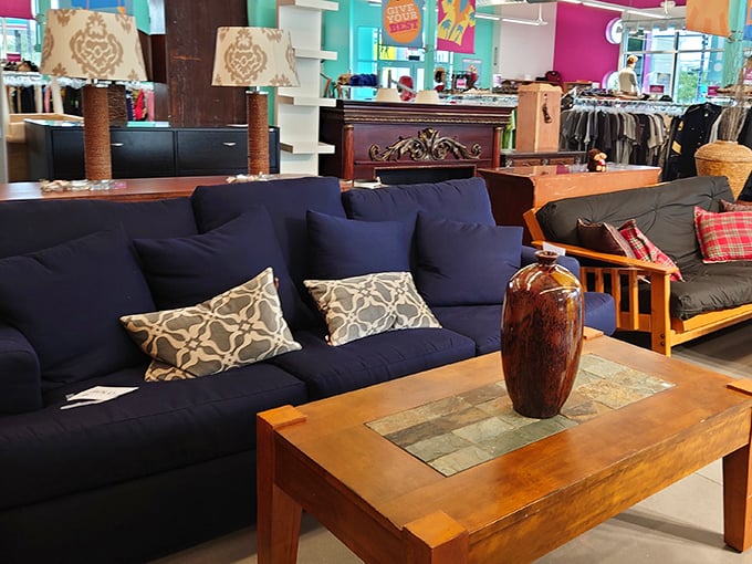 Navy meets neutral in the furniture section, where this sofa is practically begging to hear about your day while costing less than dinner for two.