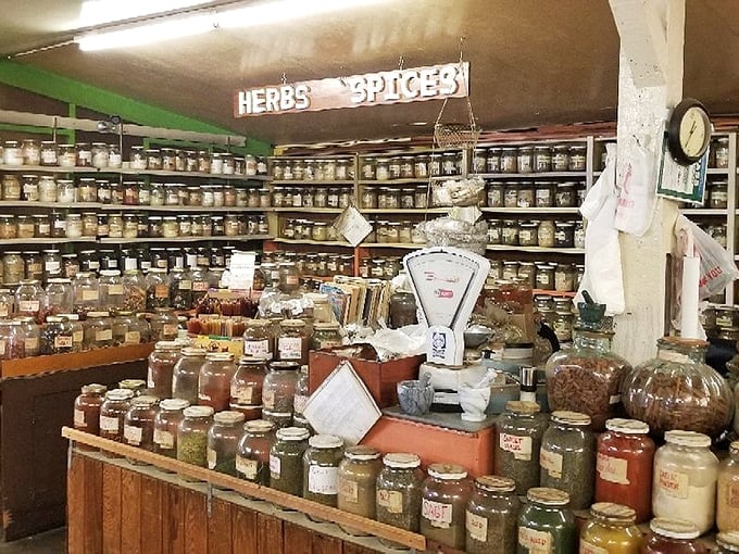 Spice heaven! Hundreds of jars containing aromatic treasures from around the world, each promising to rescue your Tuesday night chicken from blandness.
