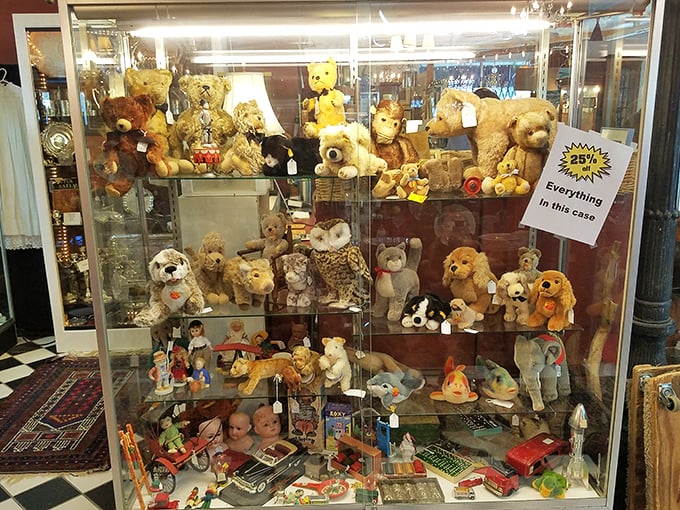 Childhood memories behind glass! This menagerie of vintage teddy bears and toys might just reunite you with a long-lost friend.