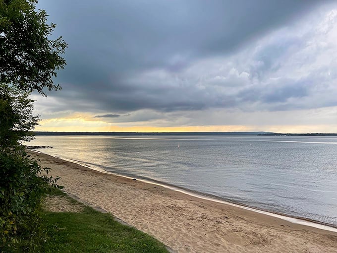Storm clouds gathering over Brimley create that dramatic lighting directors spend millions trying to recreate in Hollywood.
