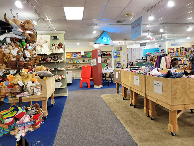Childhood nostalgia overflows in the kids' section, where stuffed animals stand sentinel over bins of toys waiting for their next adventure.