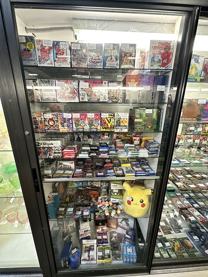 Trading card heaven awaits collectors—from rookie baseball stars to Pokémon, these glass cases hold childhood memories at every price point.