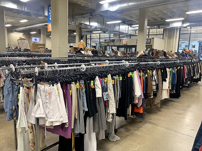 Like archaeological layers revealing fashion history, these clothing racks tell stories of trends come and gone—and ready for revival.