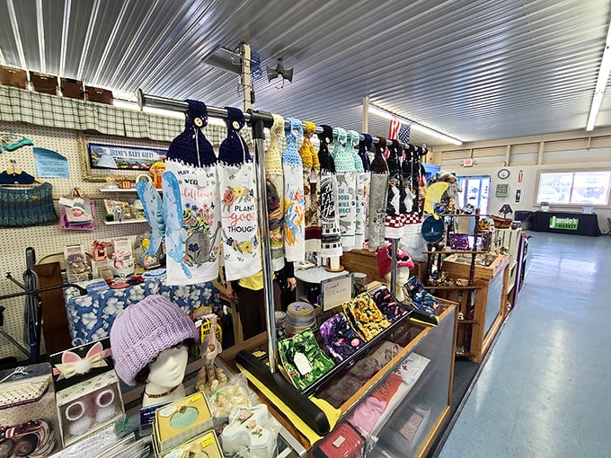 Inside, booths burst with colorful kitchen towels and handcrafted items—proof that someone, somewhere, has exactly what you didn't know you needed.