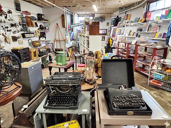 A typewriter collector's dream corner, where these mechanical time machines sit waiting for someone to tap out the Great American Novel – or at least a snarky postcard.