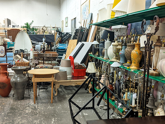 Vases, lamps, and treasures galore—this corner looks like what would happen if your grandmother's attic organized itself.