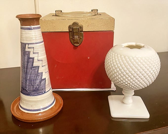A vintage vignette that tells three stories: southwestern craftsmanship, mid-century storage, and milk-glass elegance—all for less than the price of dinner.