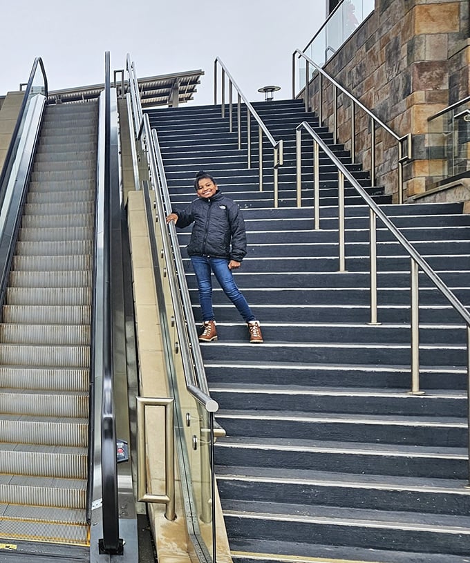 The stairway to shopping heaven offers both steps and an escalator, because bargain hunting shouldn't require cardio training.