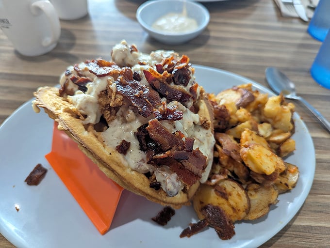 The waffle taco isn't just breakfast—it's architecture, sculpture, and pure genius folded into one handheld masterpiece. Bacon as roof tiles? Brilliant!