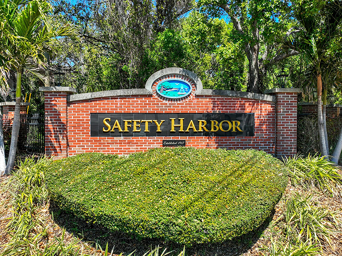 The town's entrance sign promises exactly what Safety Harbor delivers – a safe harbor from life's chaos, framed by lush greenery and Florida sunshine.