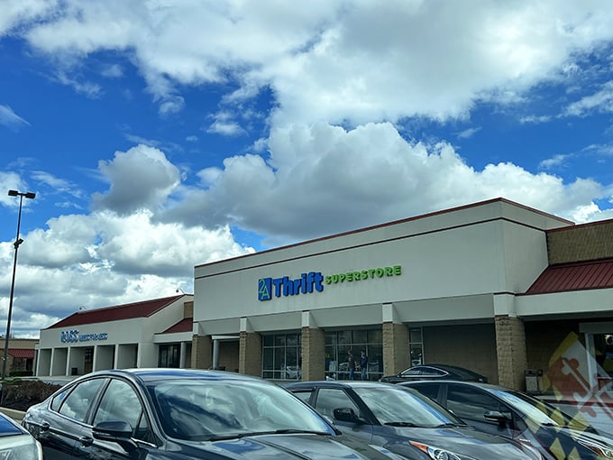 This 2nd Ave Thrift Superstore stands proudly against dramatic clouds, like a cathedral of consignment. Salvation for both wallet and wardrobe awaits within!