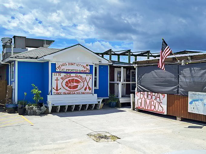 Bubba Gumbo's blue shack philosophy: "Friends don't let friends eat imported shrimp." Words to live by on Tybee Island!
