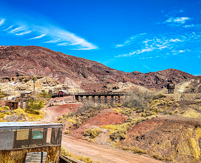 Calico's mining structures rise from desert hills like a movie set that forgot to pack up.