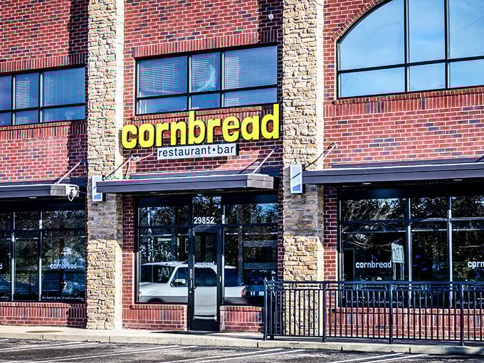 Cornbread's stone and brick exterior hints at the solid cooking traditions waiting inside. Prepare for a Southern flavor fortress!