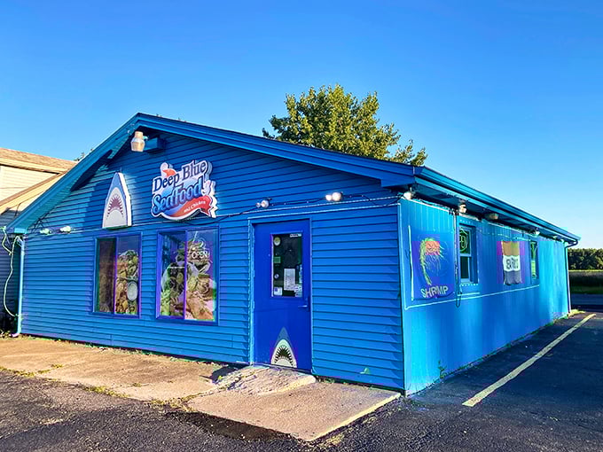 Deep Blue Seafood's vibrant blue exterior is as bold as its flavors – impossible to miss and harder to forget.