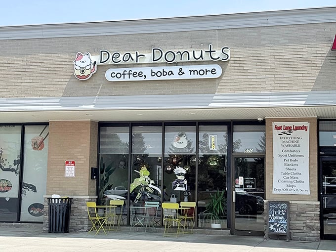 Dear Donuts' adorable cat logo and cheerful storefront promise a whimsical twist on traditional treats. Boba and donuts – a match made in heaven!