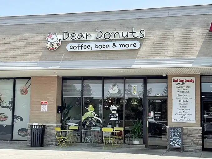 Dear Donuts' adorable cat logo and cheerful storefront promise a whimsical twist on traditional treats. Boba and donuts – a match made in heaven!