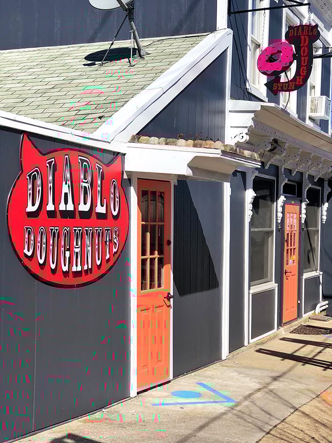 That devilish sign promises donuts with attitude – not your grandmother's breakfast, unless your grandmother was delightfully rebellious.