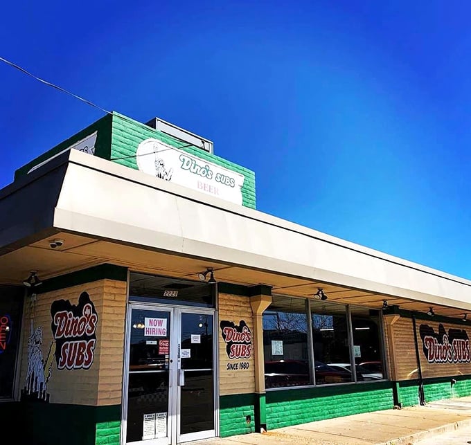 Dino's green and white exterior whispers "authentic deli" to those who know good food.